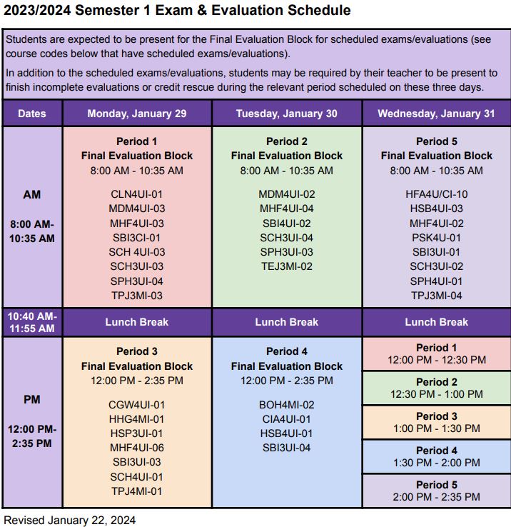2023/2024 Semester 1 Exam & Evaluation Schedule (Huron Heights ...